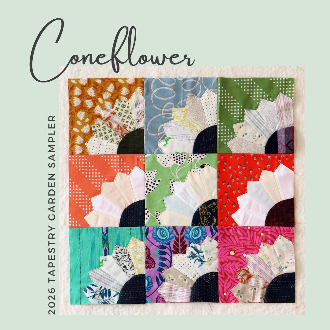 Coneflower patchwork - by Rachel LaBour - stitched in color