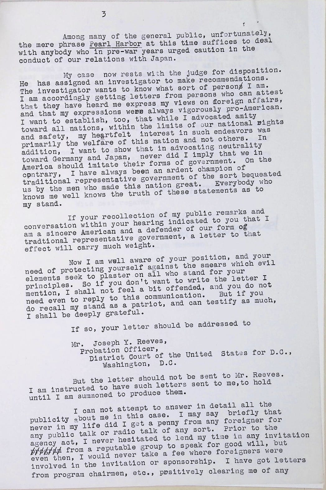 Ralph Townsend to Sen. Gerald Nye (ND), Asking for a Character Letter ...