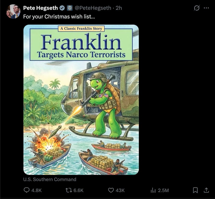 BREAKING: Hegseth Mocks Deadly Drug Boat Strikes With Franklin Meme
