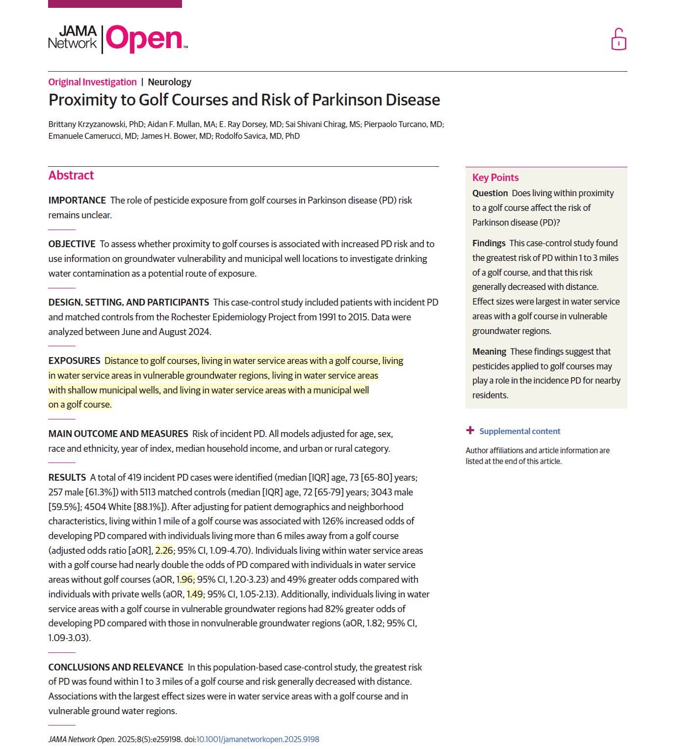 Proximity to Golf Courses and Risk of Parkinson's Disease