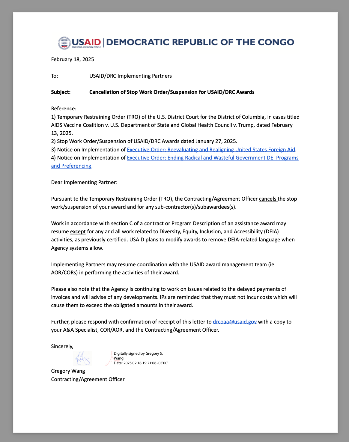 USAID/DRC Cancels Stop Work Orders