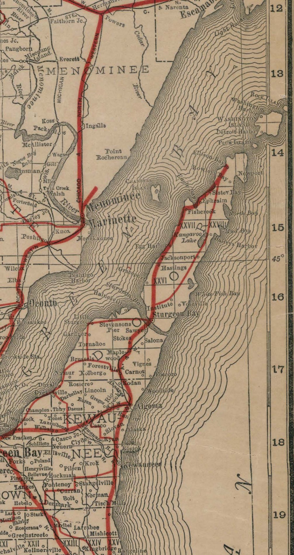 Door County in the Wisconsin Highway Commission Road Map of Wisconsin, 1916