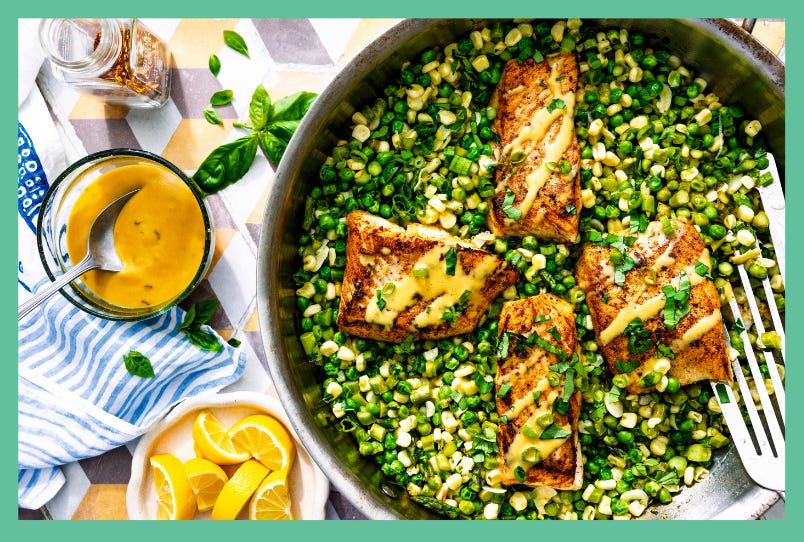 crispy fish and lemon butter spring veg
