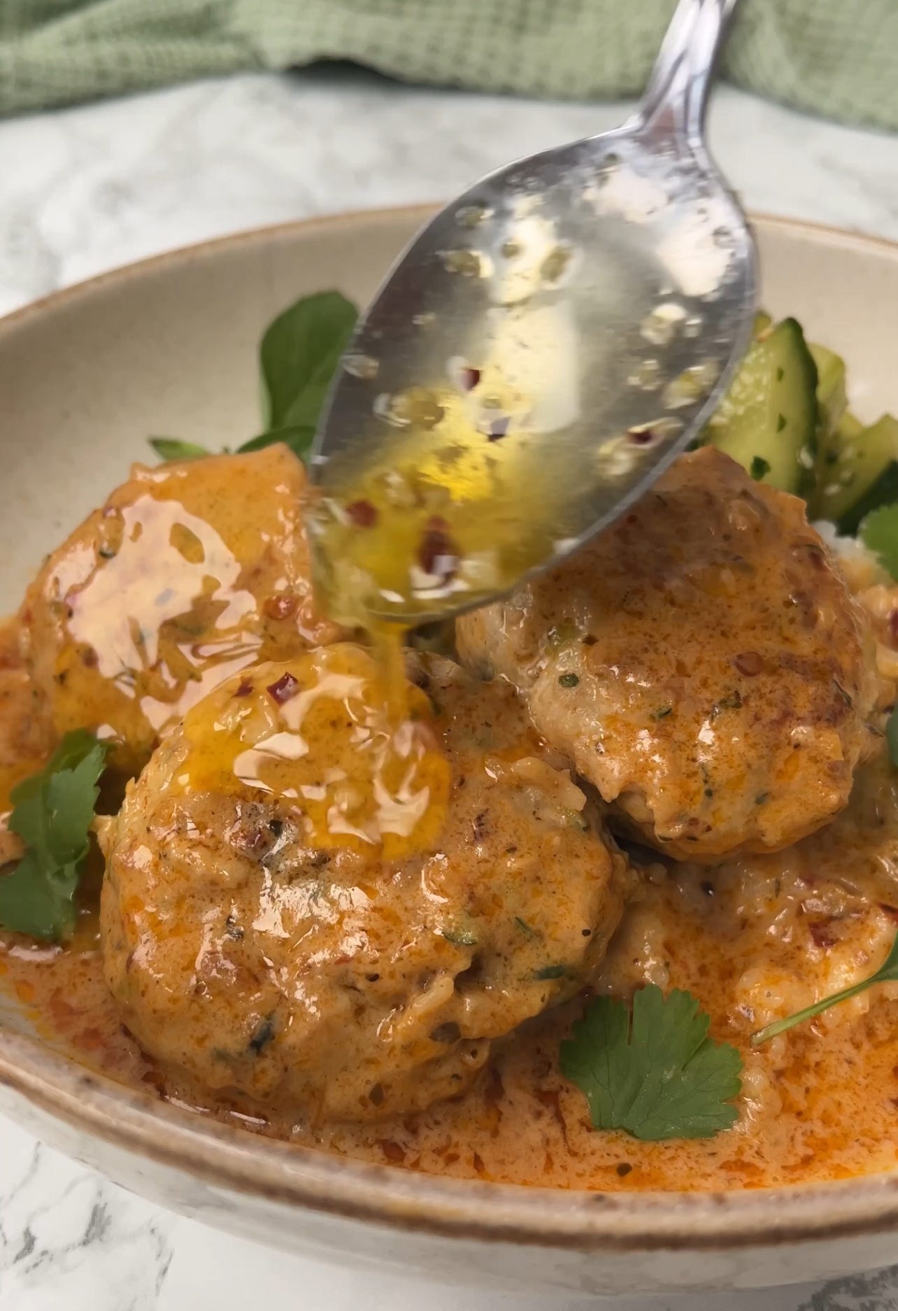 Red Thai Coconut Pork and Courgette Meatballs with Garlic Butter Sizzle ...