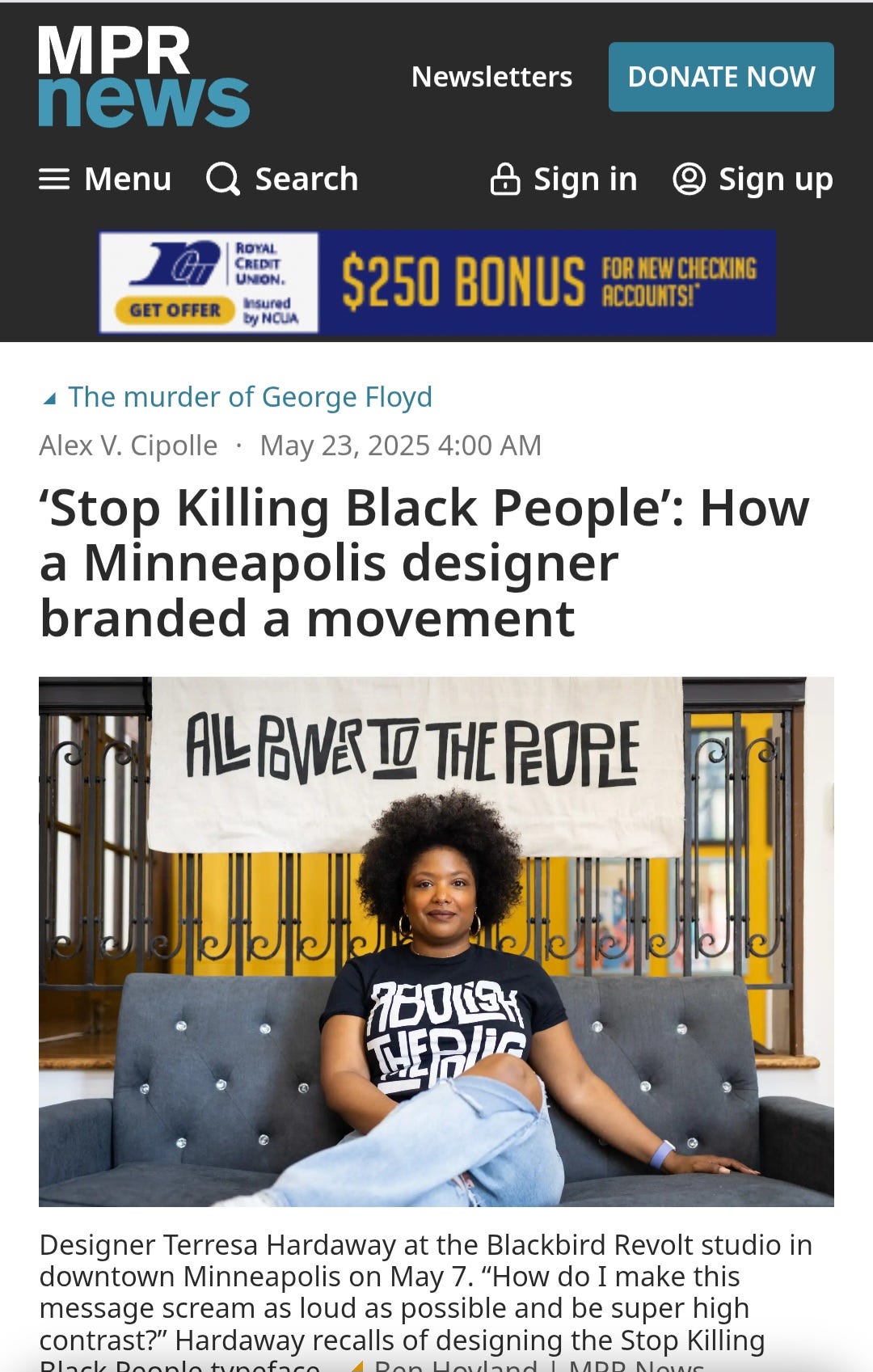 MPR highlights Terresa Hardaway's Stop Killing Black People font