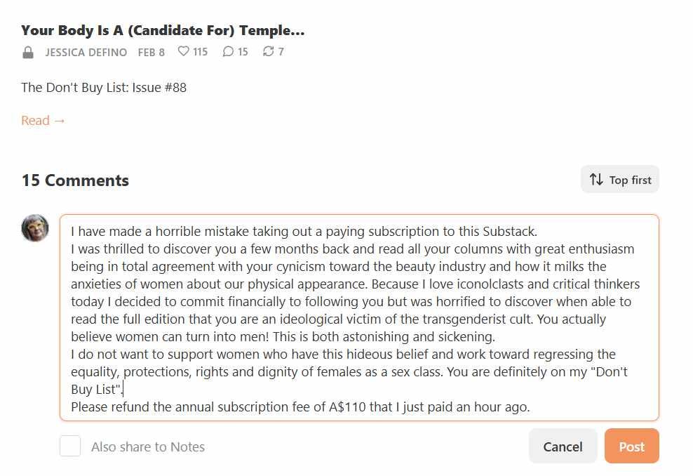 Jessica Defino believes men can turn into women