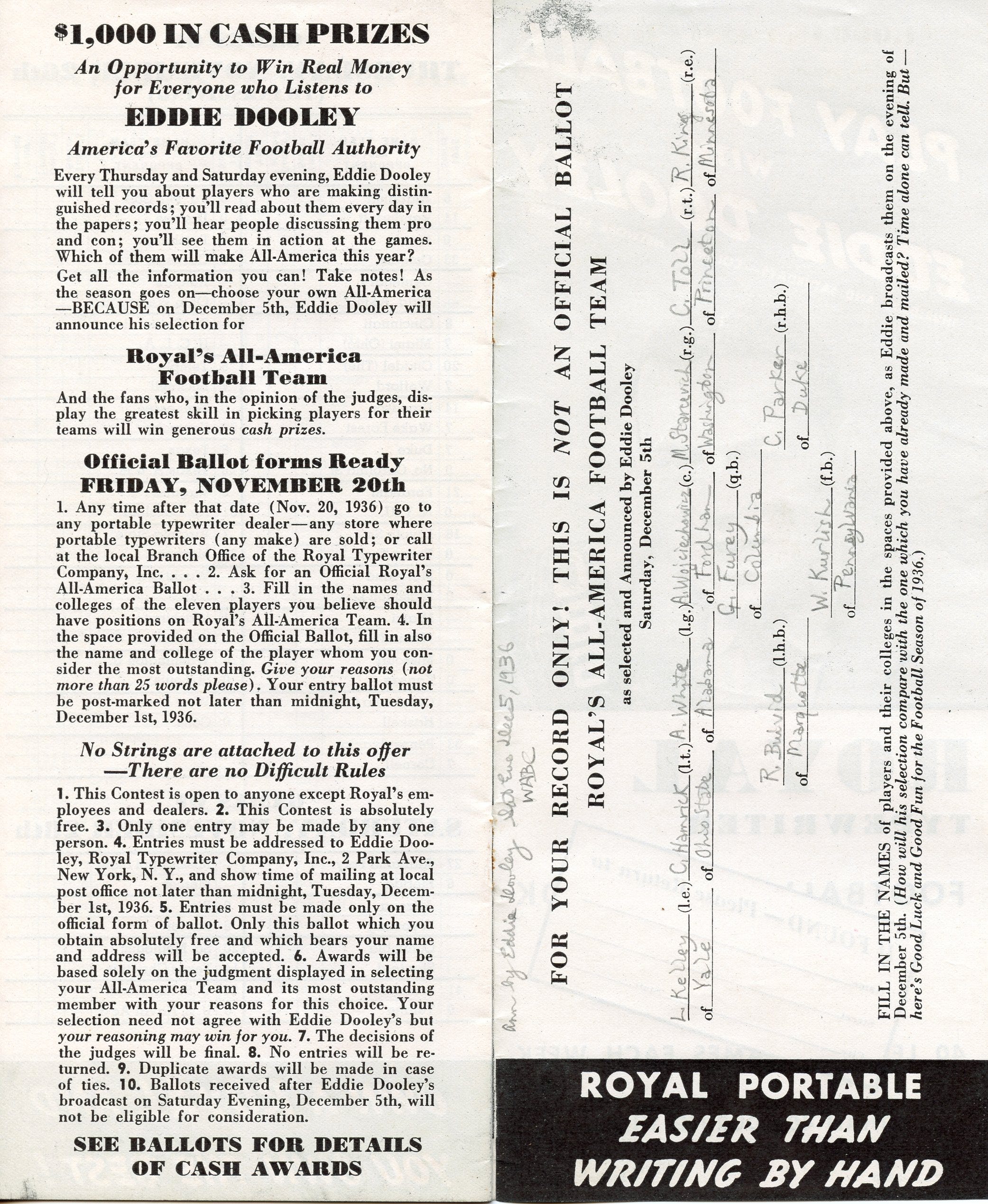 Today's Tidbit... Eddie Dooley's 1936 All-America Team Contest