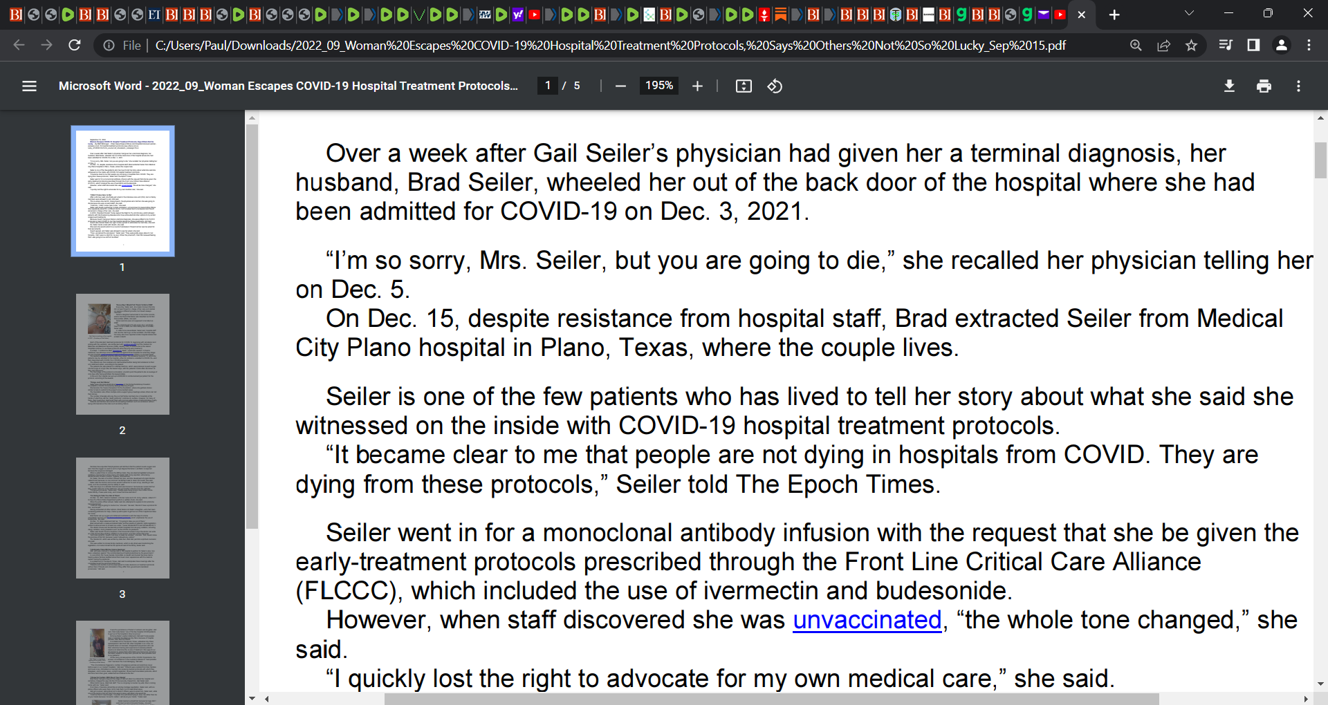 Woman Escapes COVID-19 Hospital Treatment Protocols, Says Others Not So Lucky (Mrs. Seiler)