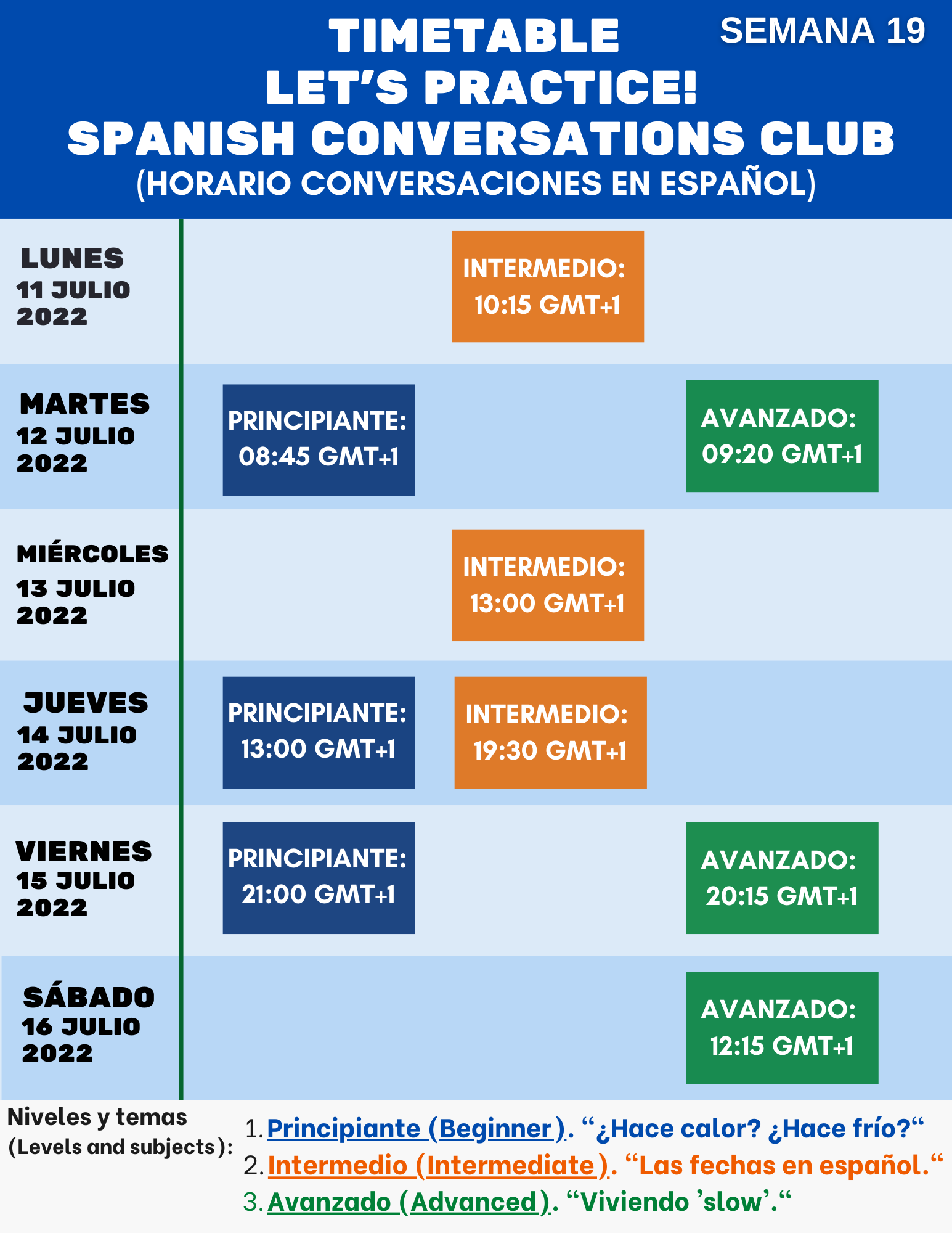 Free Spanish Language Conversation Club, Week 19. - (Monday 11 to ...