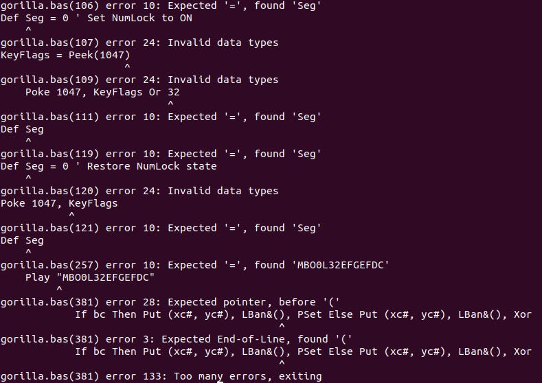 Compiling QuickBASIC's Gorillas on Linux... surprisingly tricky