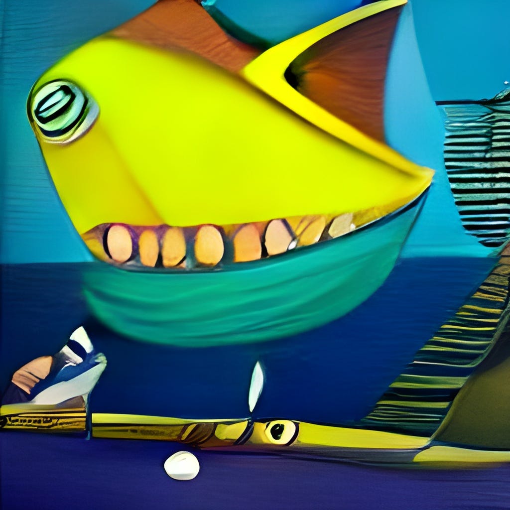 A giant fish attacking a boat, Cubism