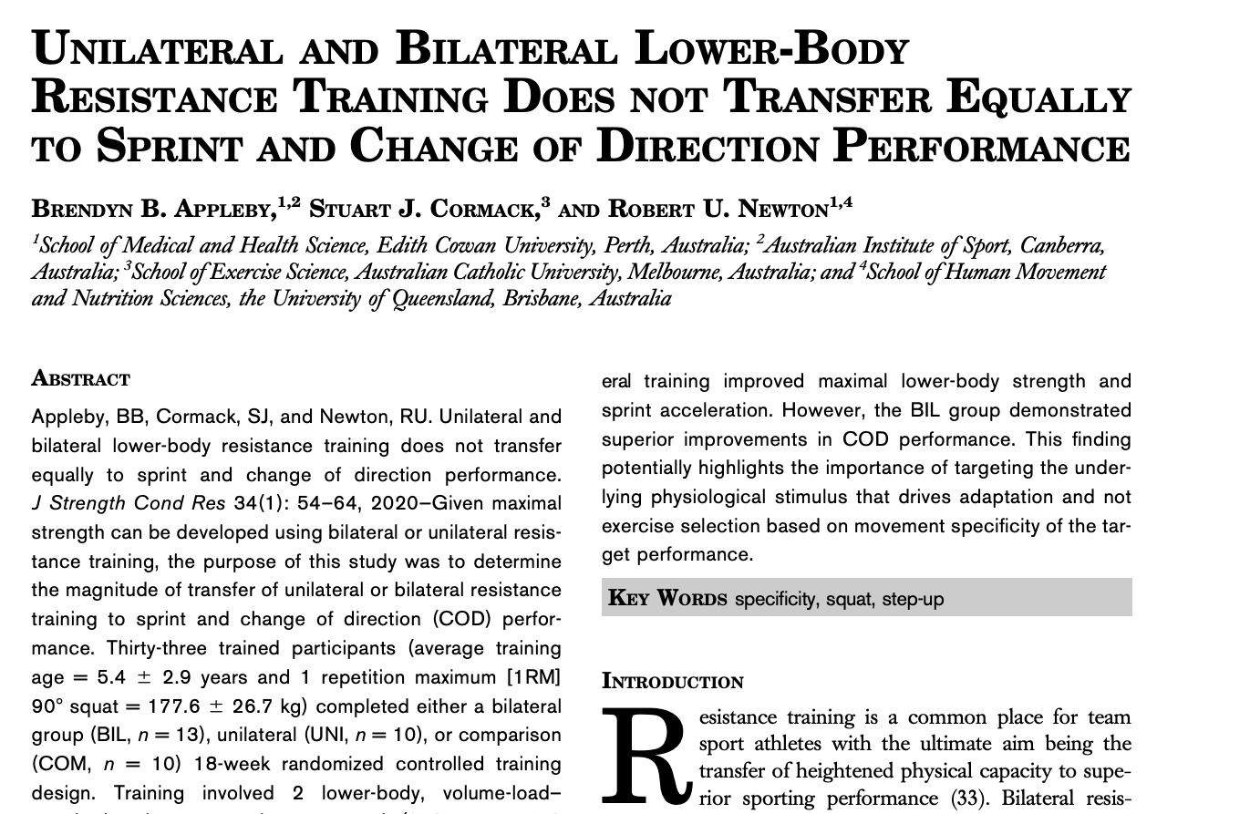 Is unilateral strength training (eg. lunge, step-up, etc) or bilateral ...
