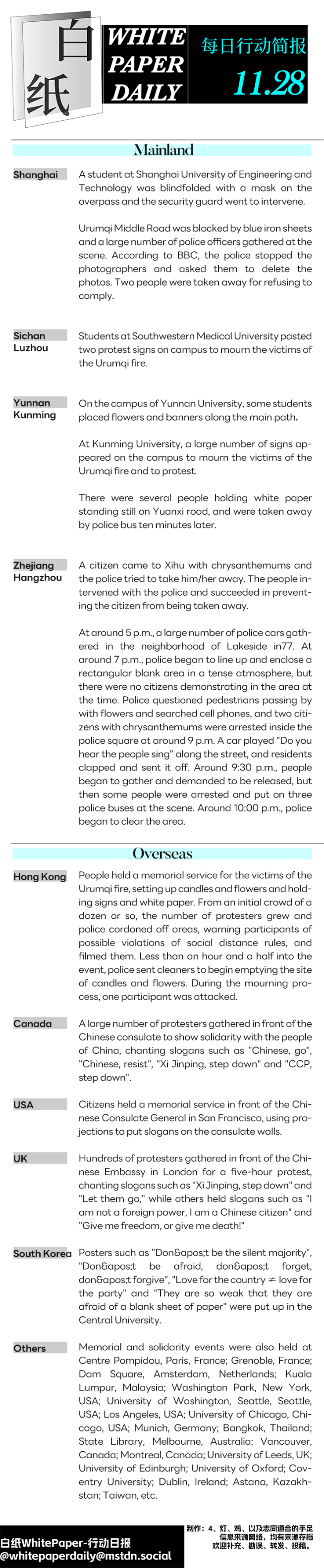 白纸 WhitePaper | 2022.11.28 抗议行动简报 - MYDUTY.NET