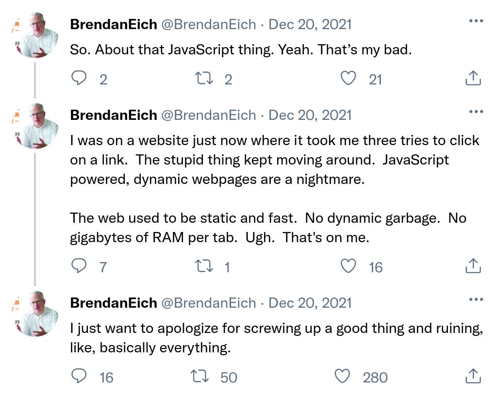 Creator of Javascript apologizes for "screwing up a good thing and ...