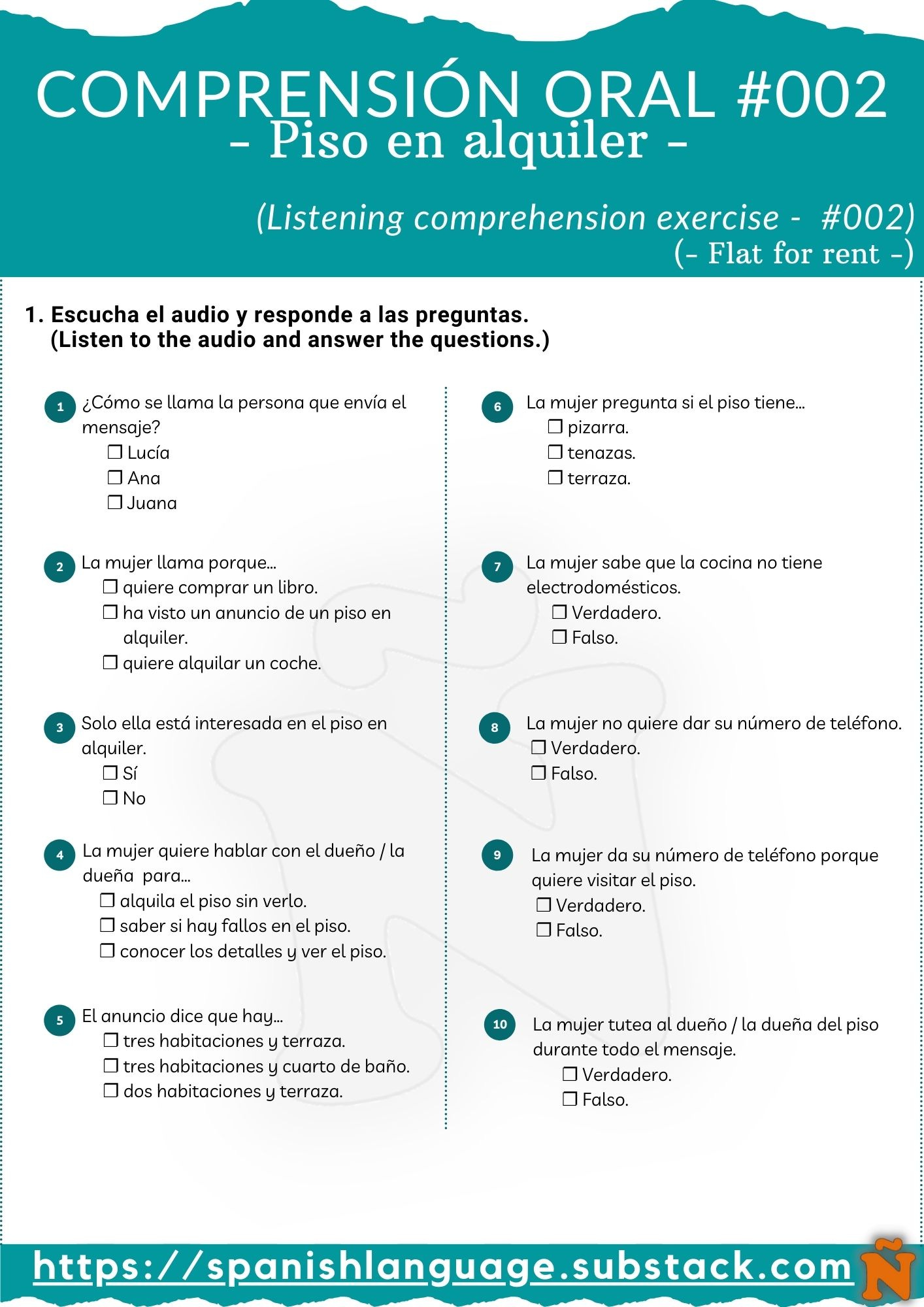 Ejercicio de comprensión oral. (#002) Piso en alquiler.