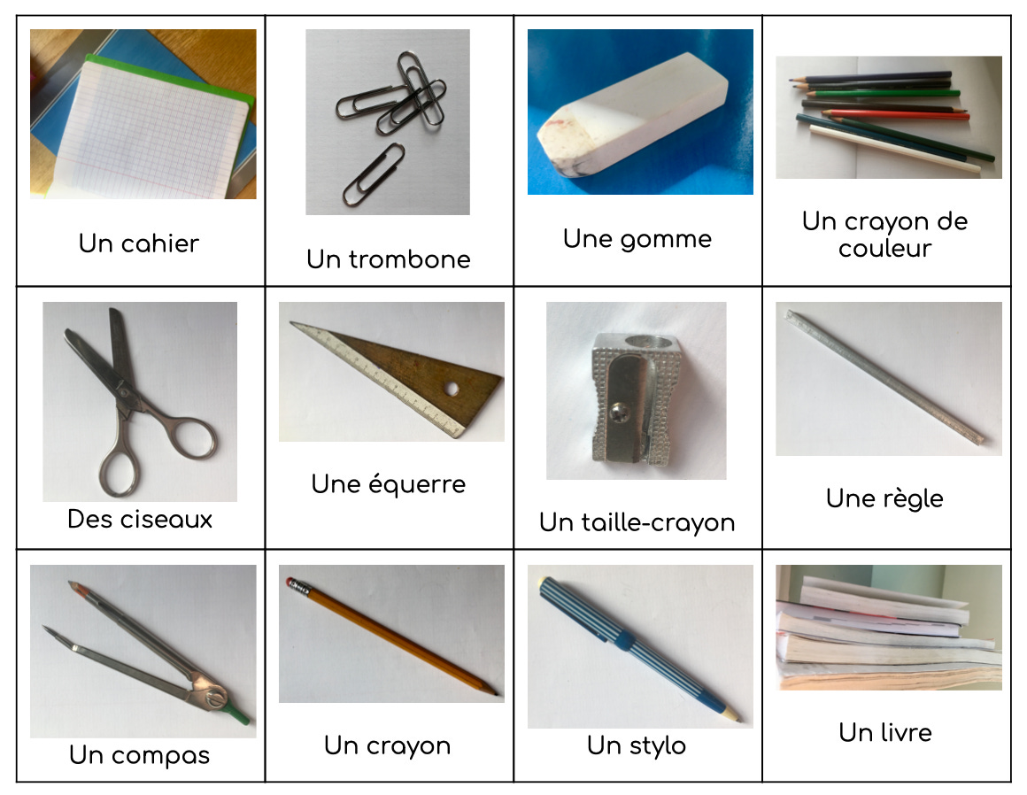 Aujourd'hui, vocabulaire des fournitures scolaires