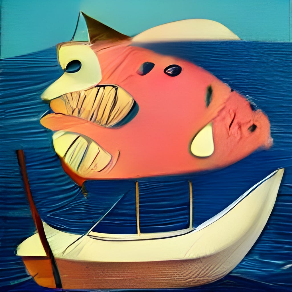 A giant fish attacking a boat, Cubism