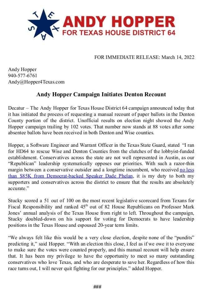 Andy Hopper Demands Recount in House Race - by Tex Rex