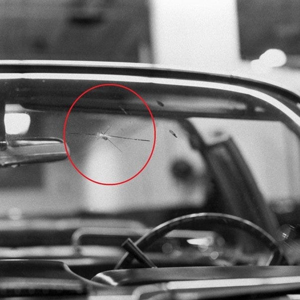 The Bullet hole in the JFK limo Windshield