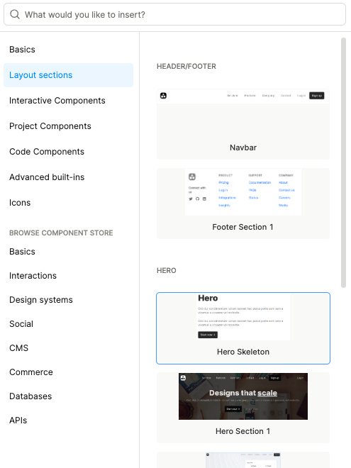 New insert panel, simpler drag/drop layouts, table component