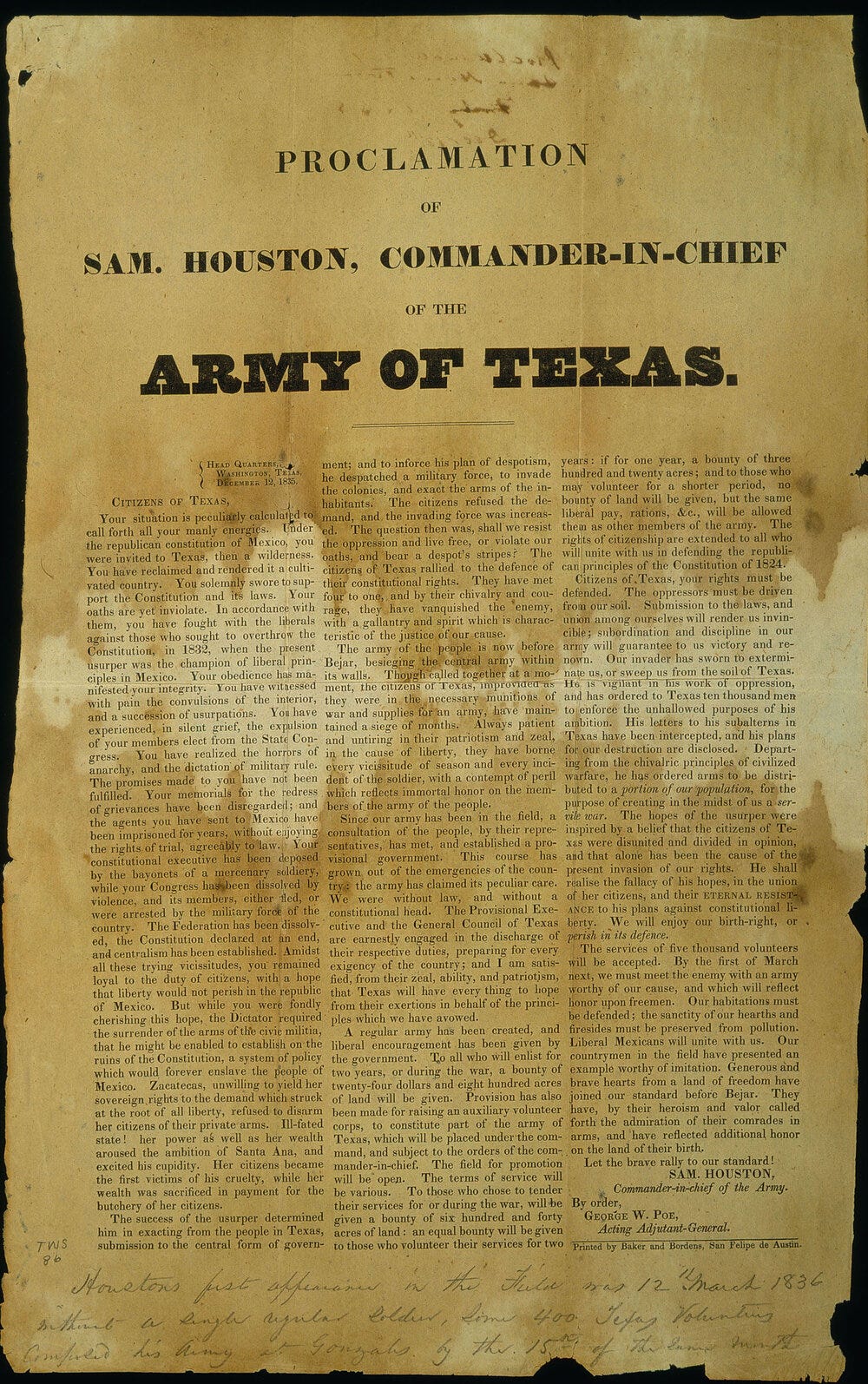 Sam Houston Calls Texians to Arms - by Derrick Jeter