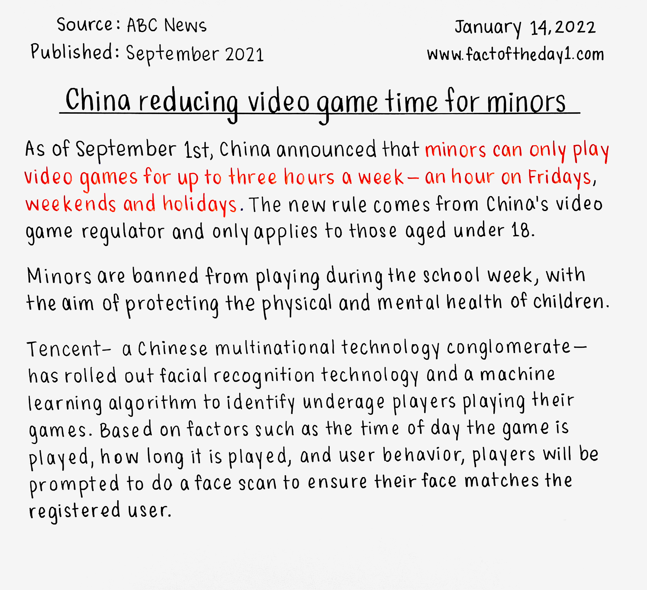 January 14: China reducing video game time for minors