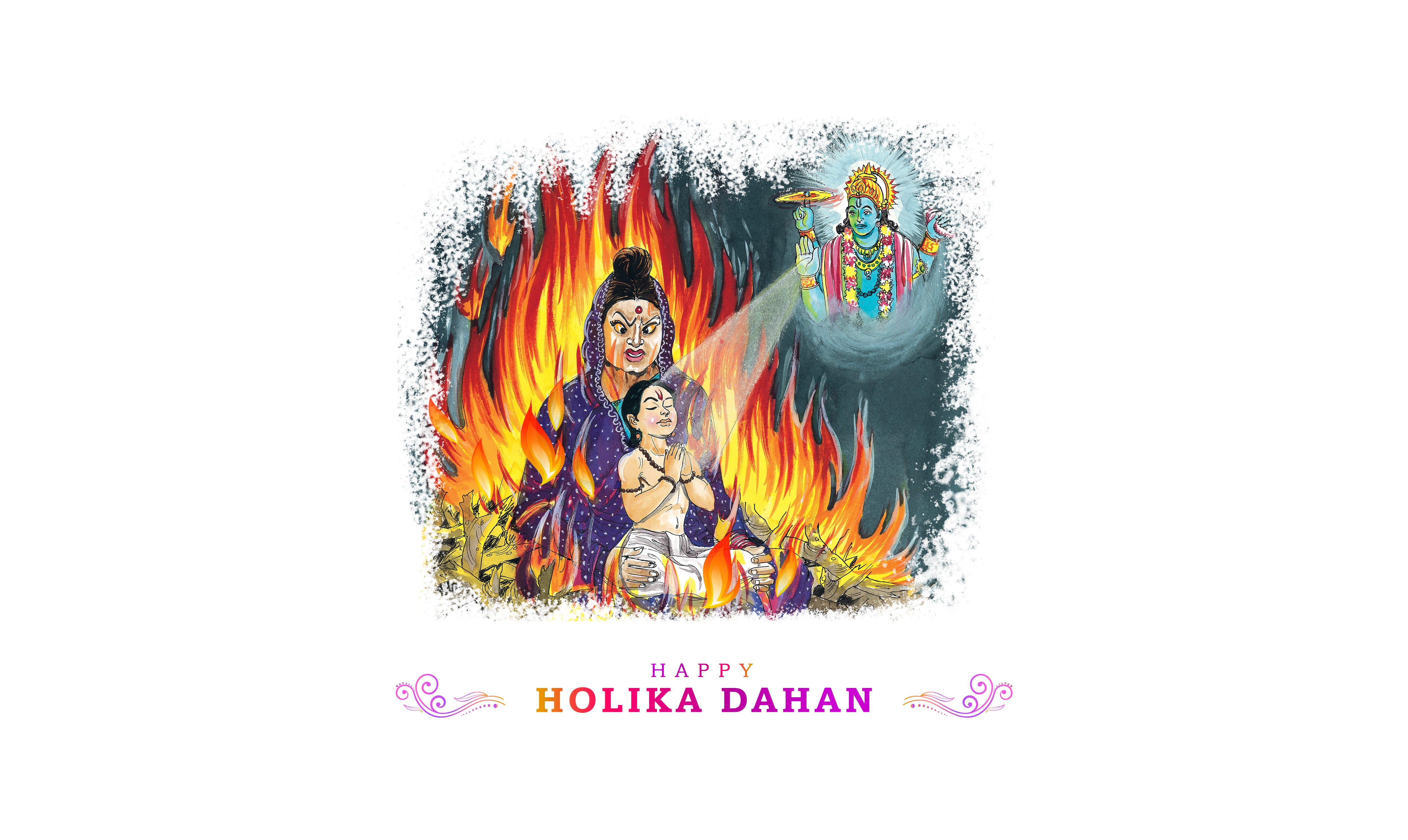 Holi: Celebrating Burning of Holika and Survival of Prahalad.