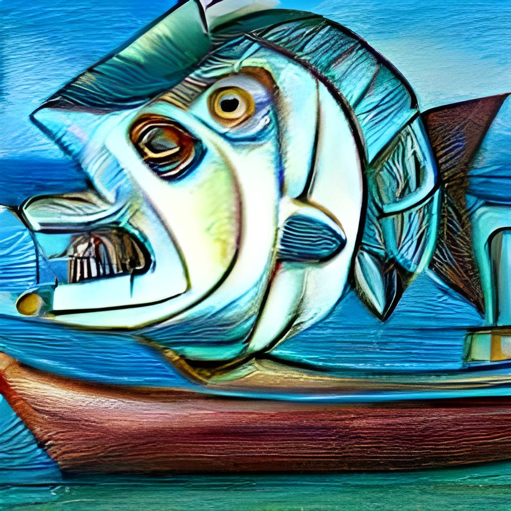 A giant fish attacking a boat, Picasso cubism