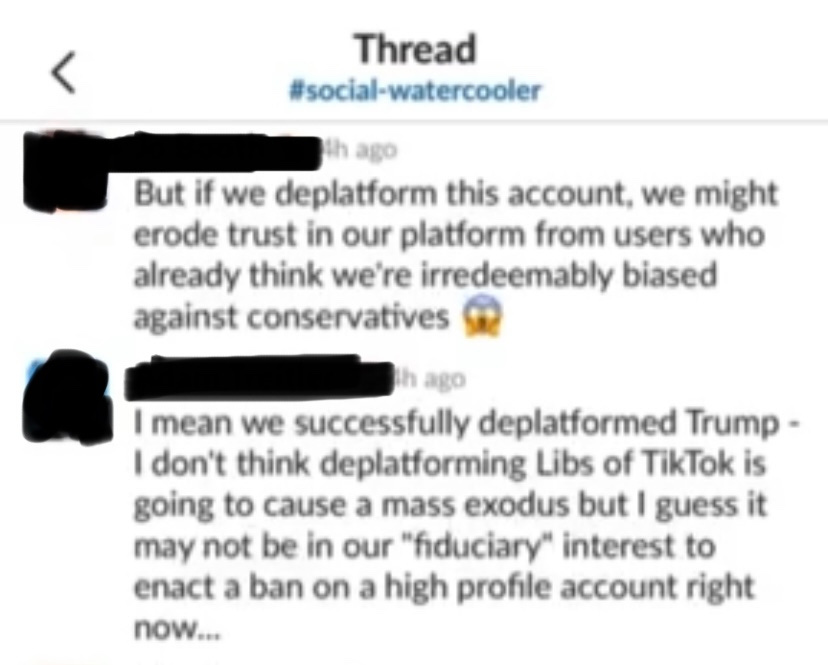 Leaked internal messages show Twitter employees debating whether to ban us