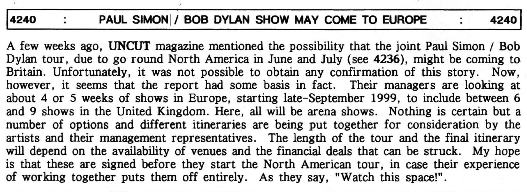 Tracking the Dylan-Simon 1999 Tour in Real Time