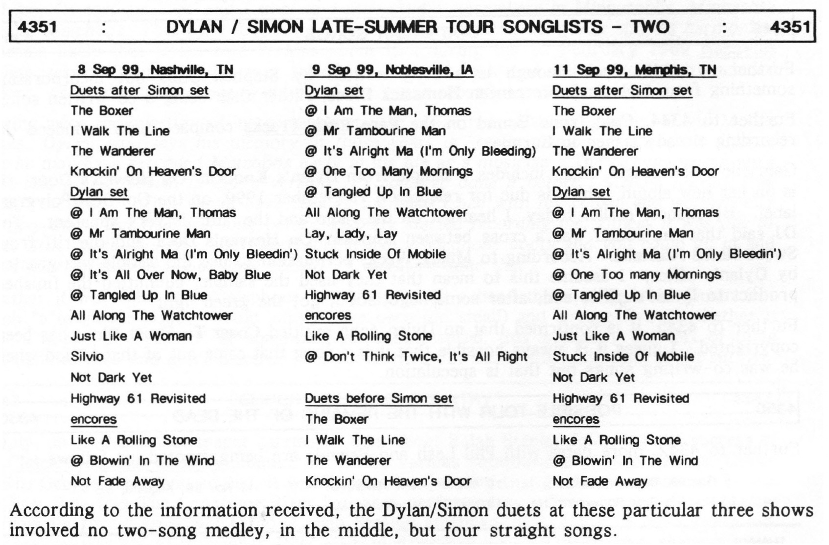 Tracking the Dylan-Simon 1999 Tour in Real Time