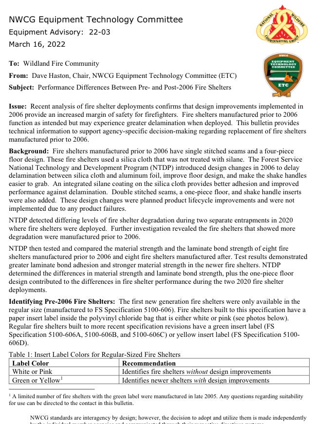 NWCG Committee Admits Fire Shelters Made Before 2006 Come Apart in Entrapments.