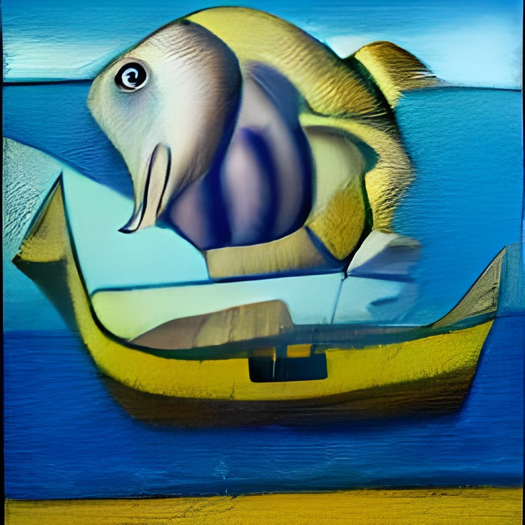 A giant fish attacking a boat, Picasso cubism