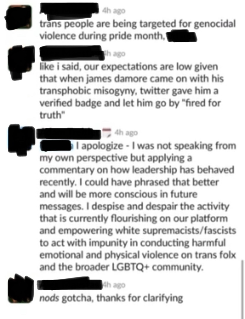 Leaked internal messages show Twitter employees debating whether to ban us