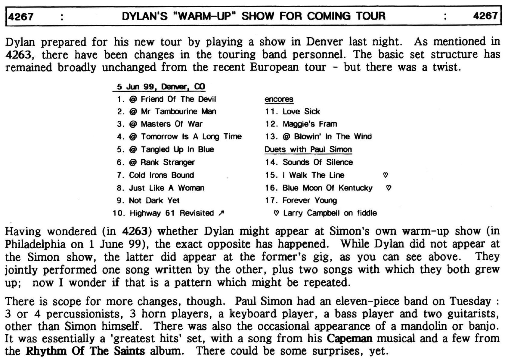 Tracking the Dylan-Simon 1999 Tour in Real Time