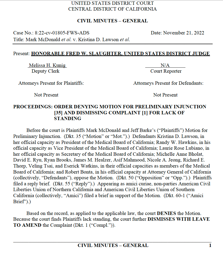 Federal District Judge Slaughters AB 2098 Preliminary Injunction ...