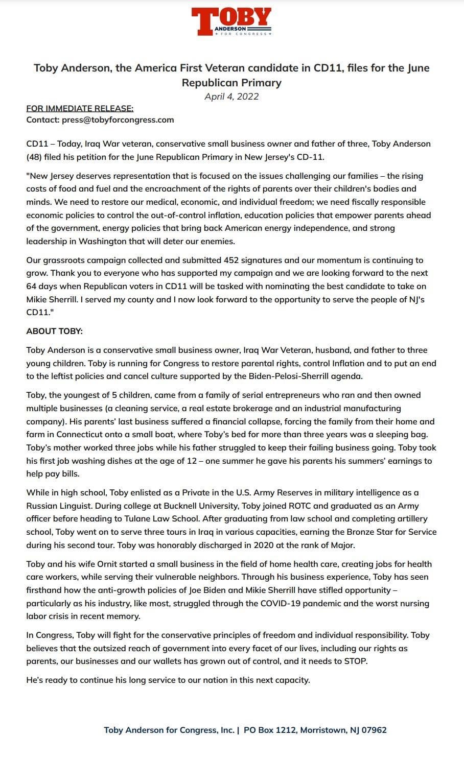 Toby Anderson-U.S. Congressional Candidate-CD11