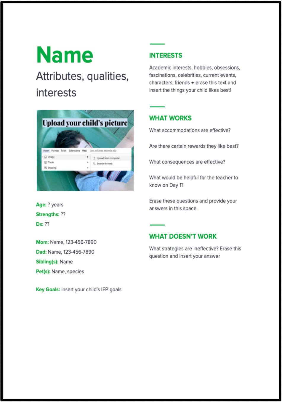 Get your special education student ready for school with this free template