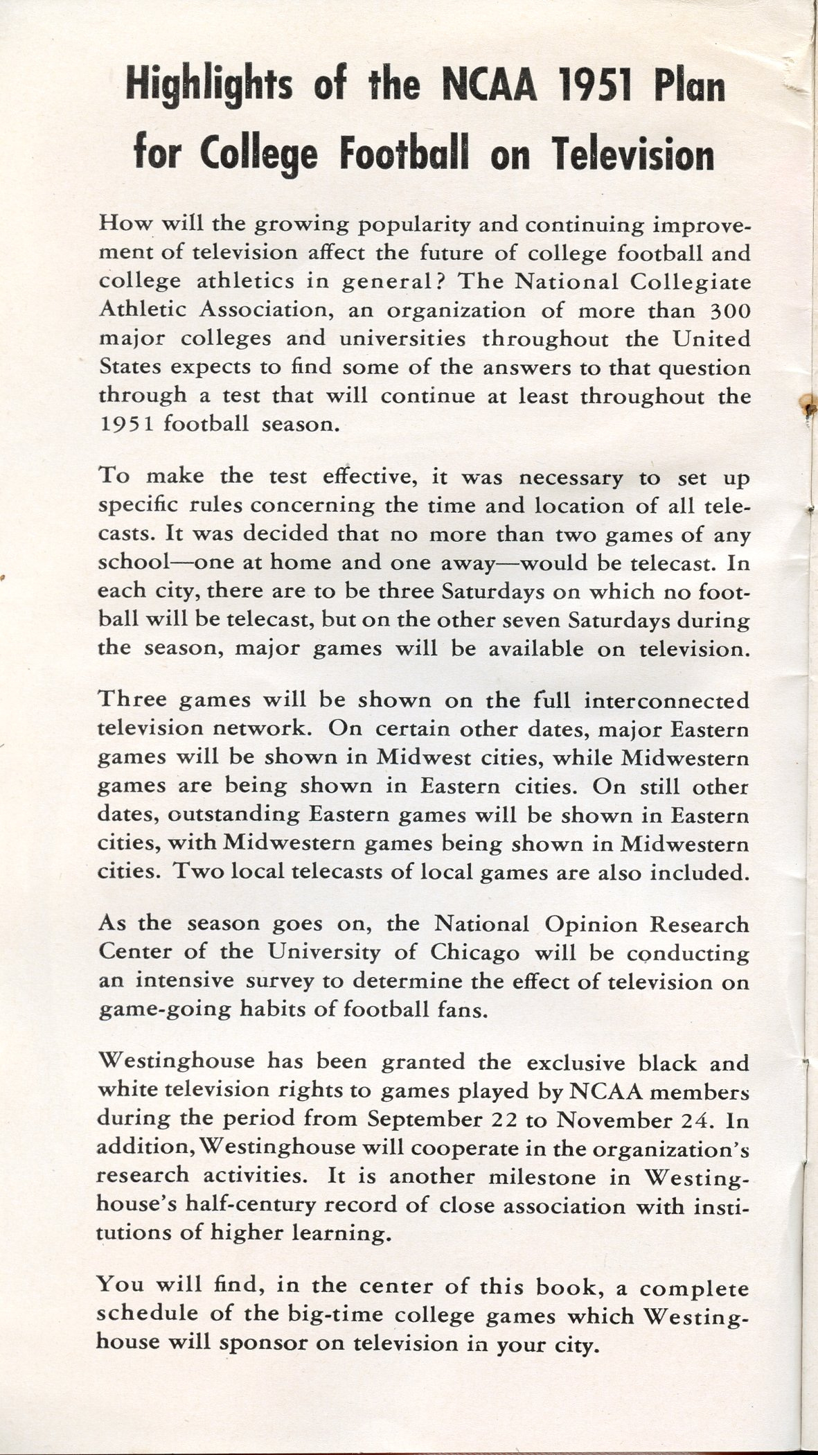 1951 and College Football's First National Television Contract
