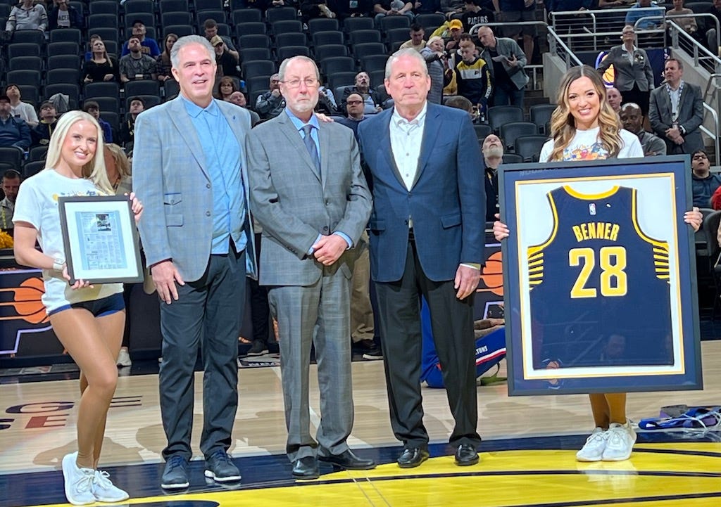 Watch Pacers Hall of Famer Reggie Miller celebrate PR director David Benner