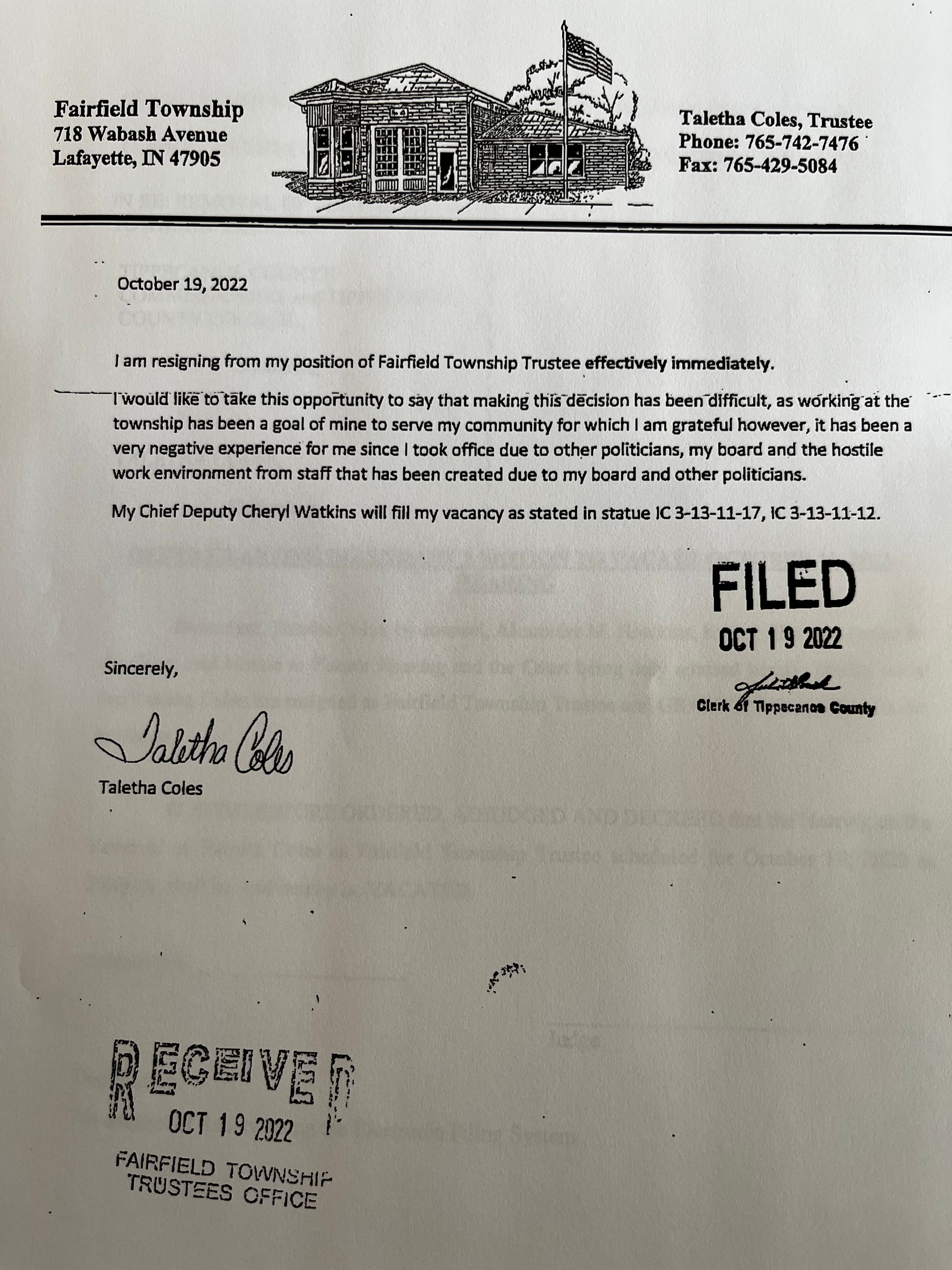 Taletha Coles resigns as Fairfield trustee rather than face judge