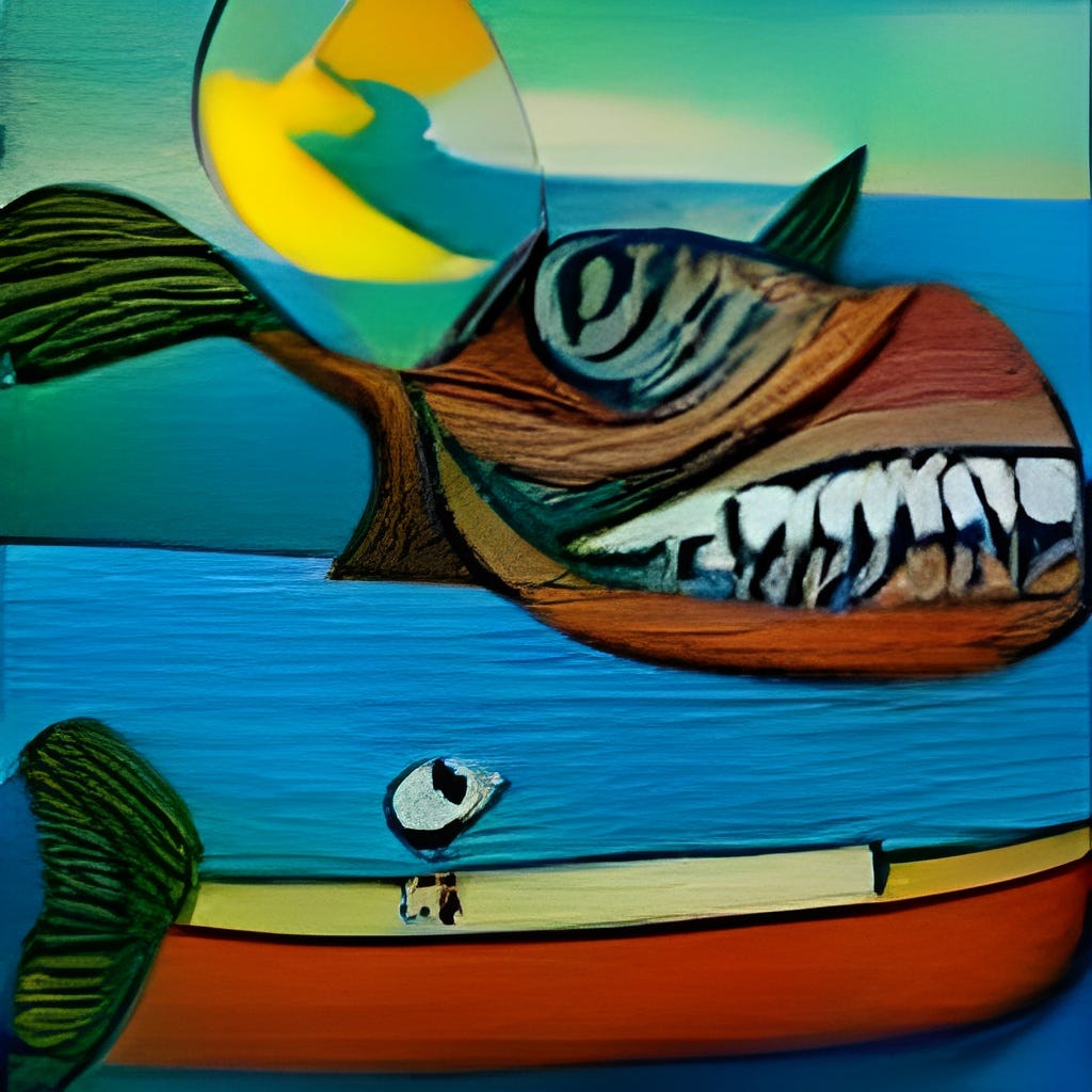 A giant fish attacking a boat, Cubism