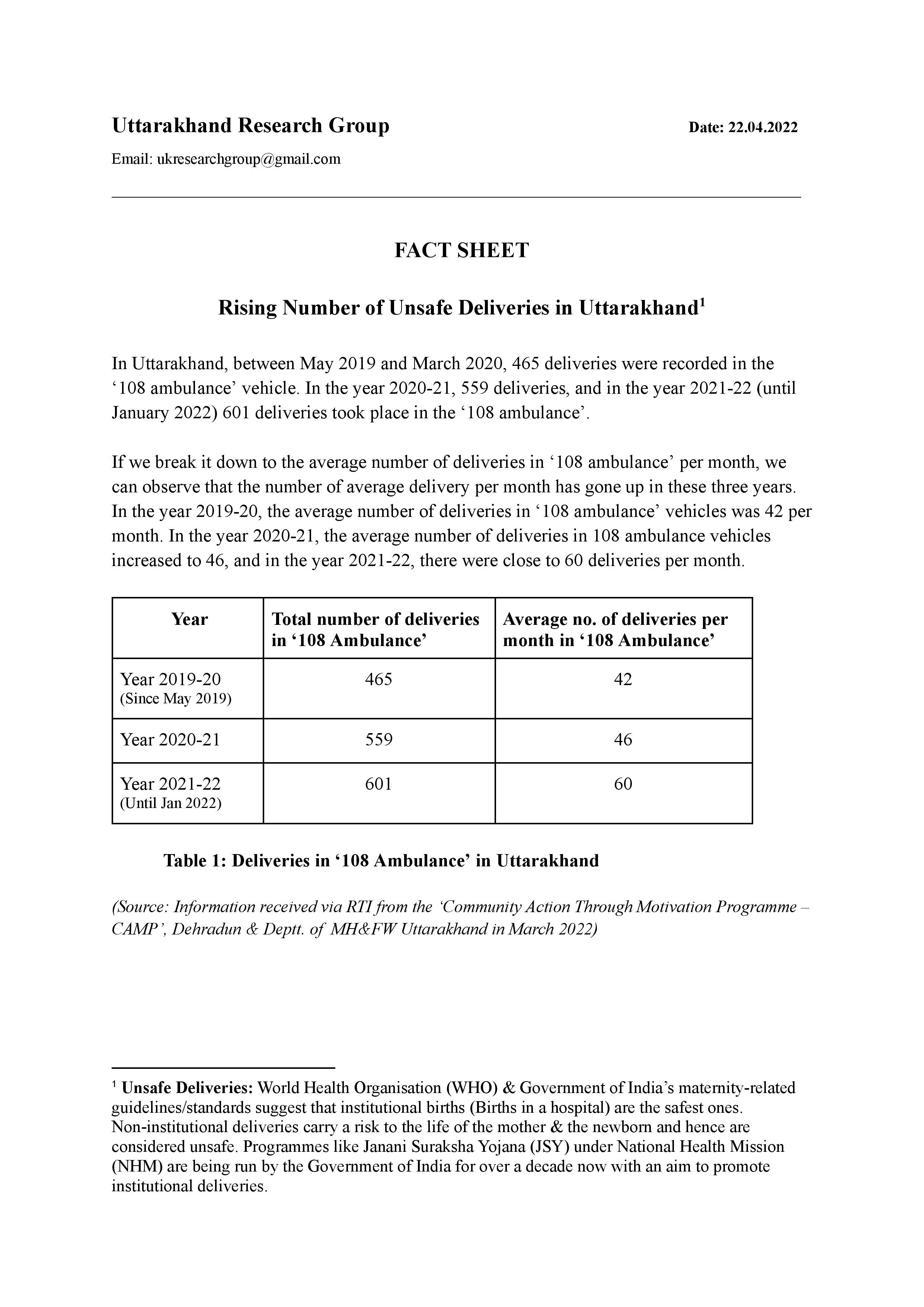 Fact Sheet: Rising Number of Unsafe Deliveries in Uttarakhand