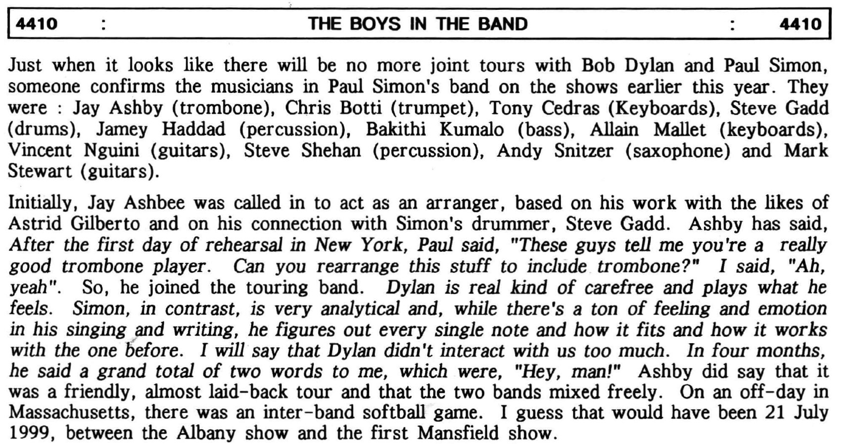 Tracking the Dylan-Simon 1999 Tour in Real Time