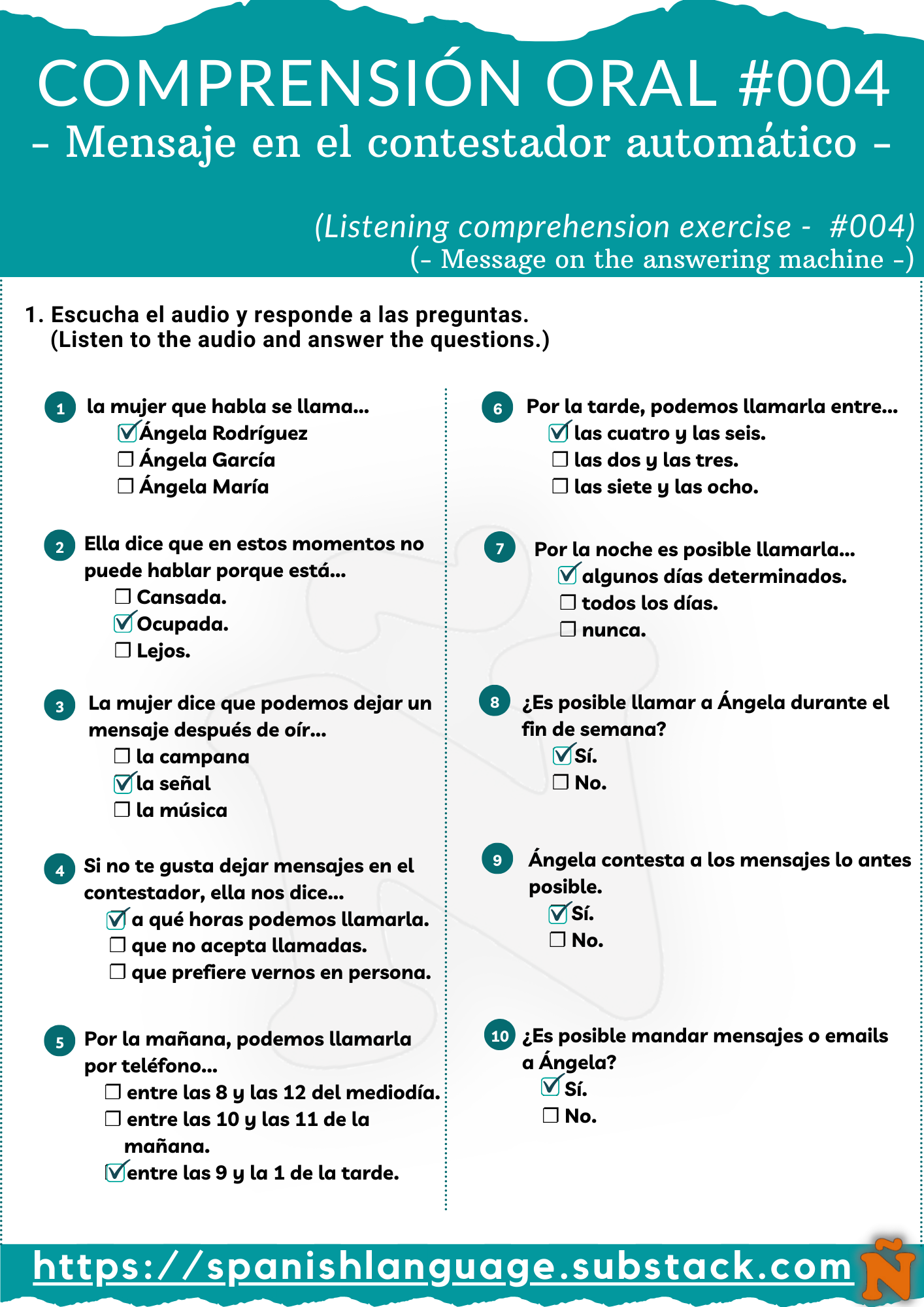 Listening comprehension exercise (#004) - Message on the answering machine.