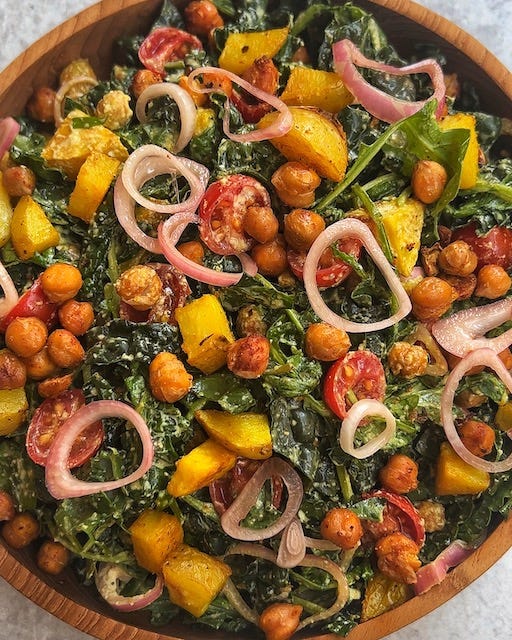 Vegan Roasted Garlic Kale Caesar with Crispy Chickpeas, Potatoes, and ...