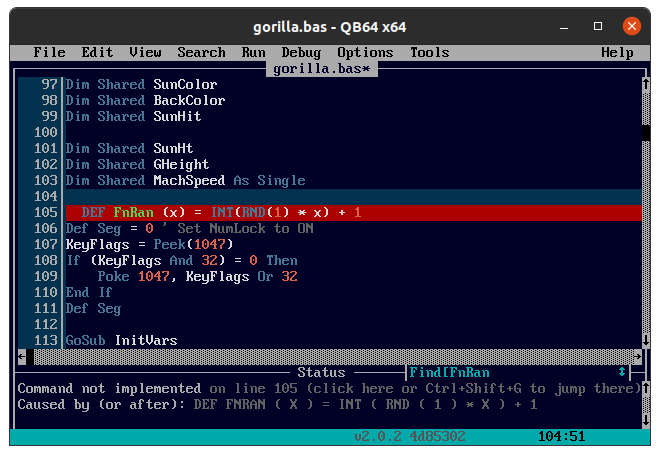 Compiling QuickBASIC's Gorillas on Linux... surprisingly tricky