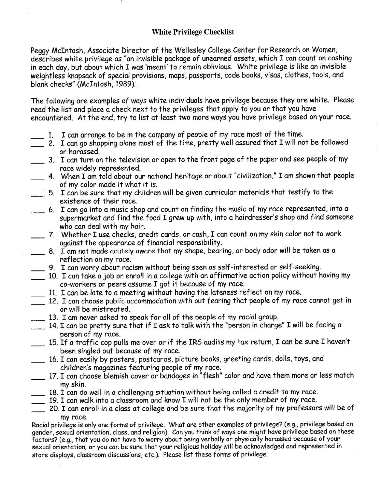 White Privilege Checklist - the radical center