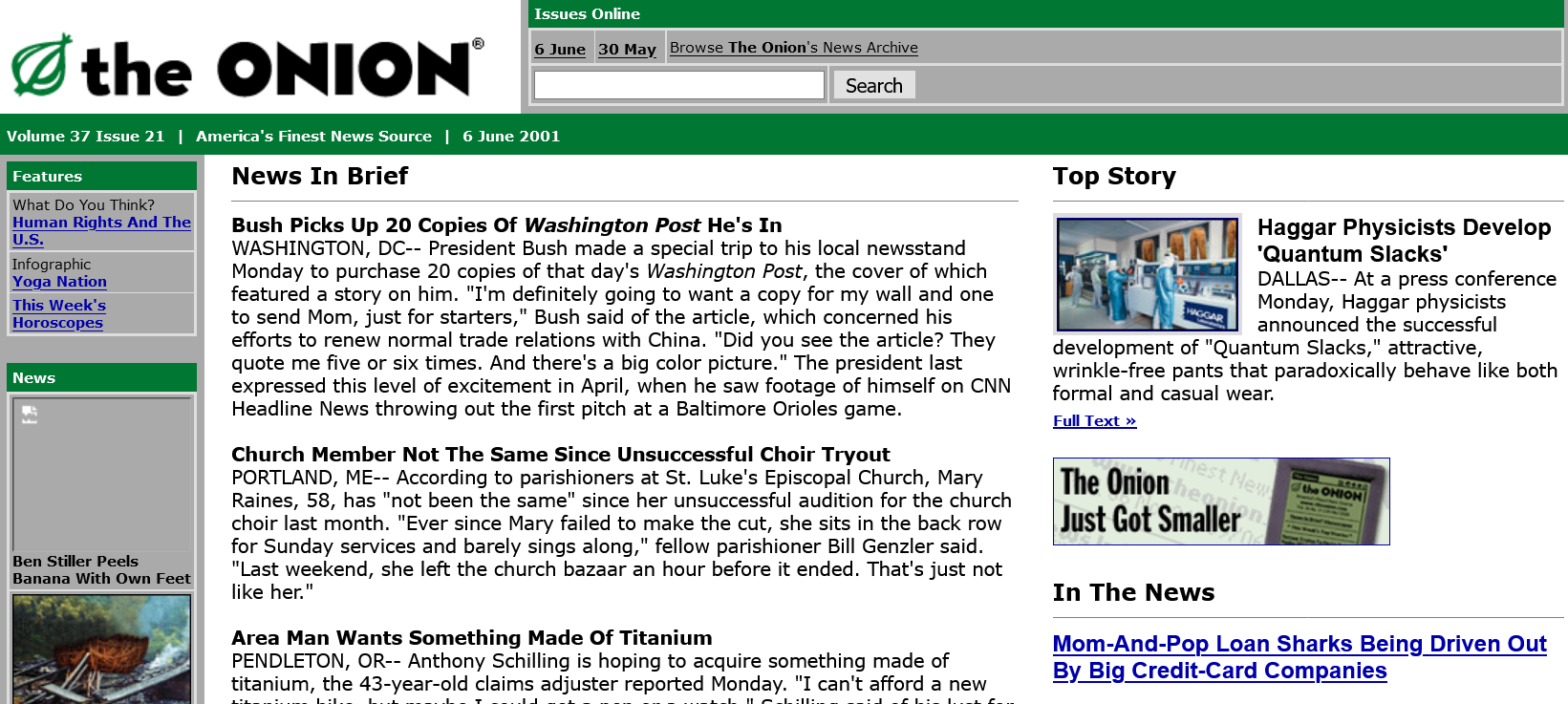 The Onion invented "quantum slacks" and mourned loan sharks 20 years ago