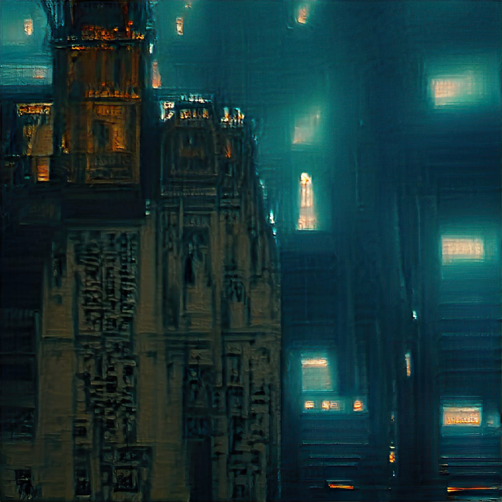 Exploring the Blade Runner mood with Big Sleep and CLIP-GLaSS